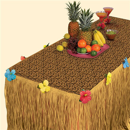 Luau Table Kit - Tropical Tablecover with raffia Table skirt